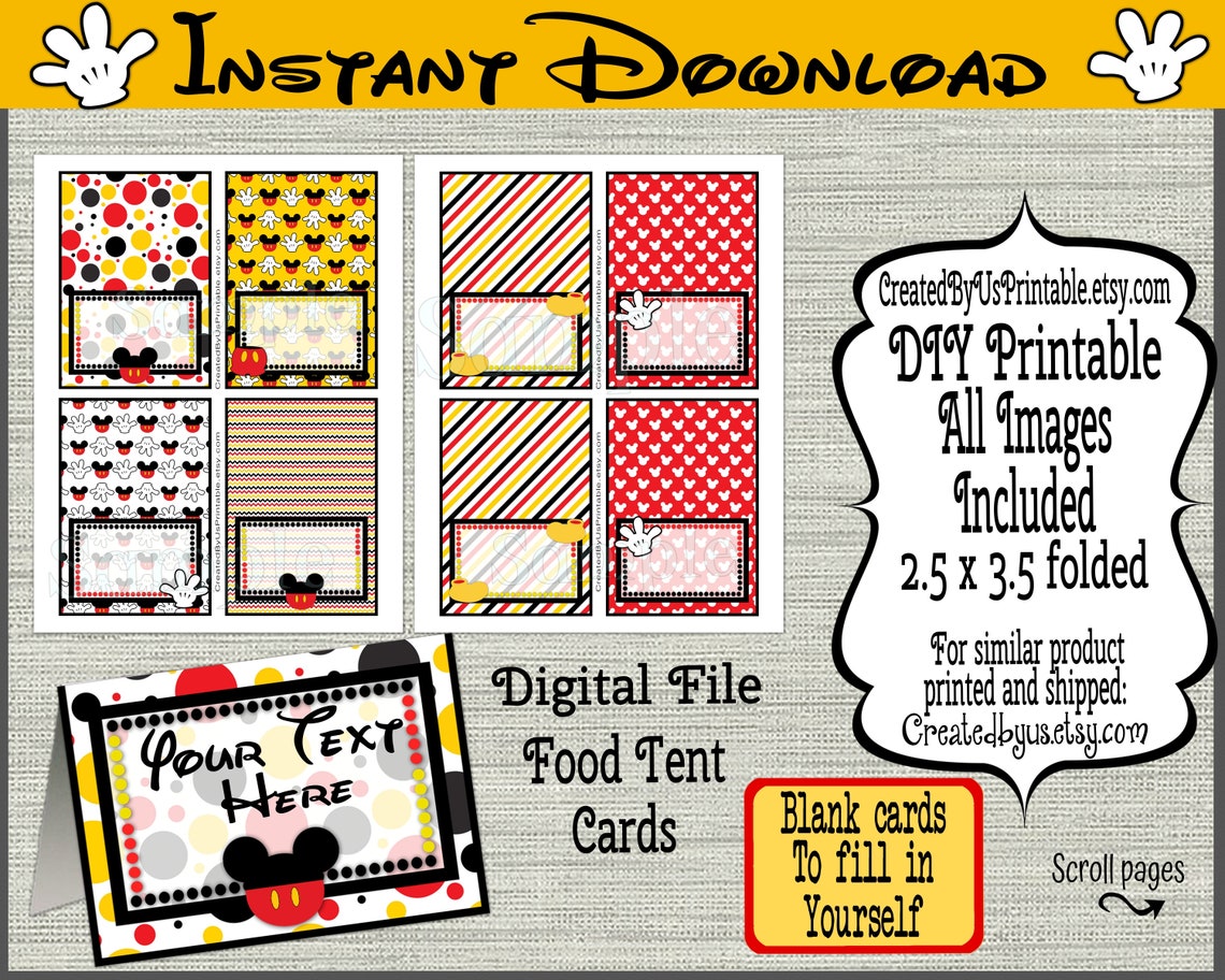 INSTANT DOWNLOAD Mickey Food Tent Cards EDITABLE Mickey Place Cards ...