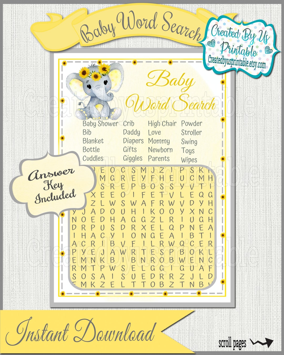 Elephant Baby Shower Game Girl Elephant Word Search Game Cards Elephant ...