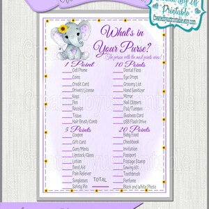 Elephant Baby Shower Game Girl Elephant What's in Your Purse Game ...