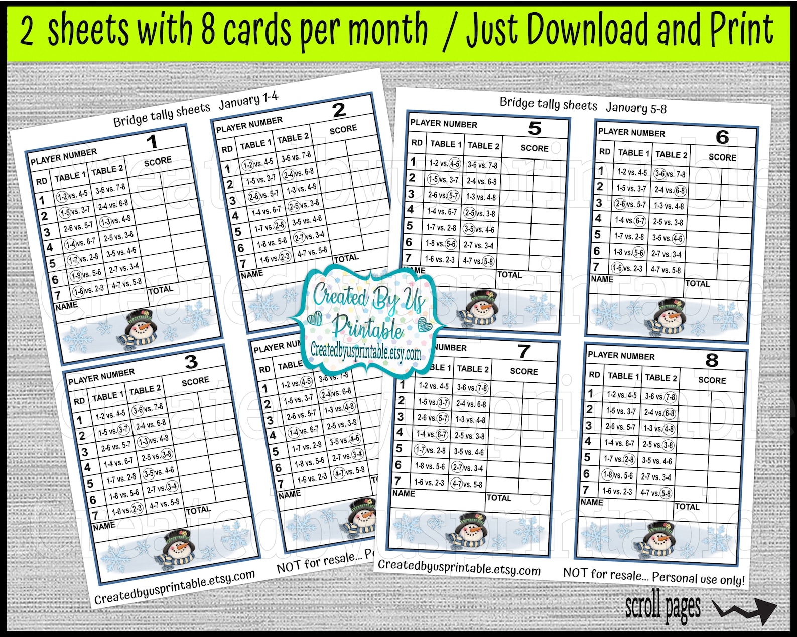 Bridge Tally Cards Bridge Tally Sheets Month Themed Bridge Game ...
