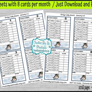 Bridge Tally Cards Bridge Tally Sheets Month Themed Bridge Game ...