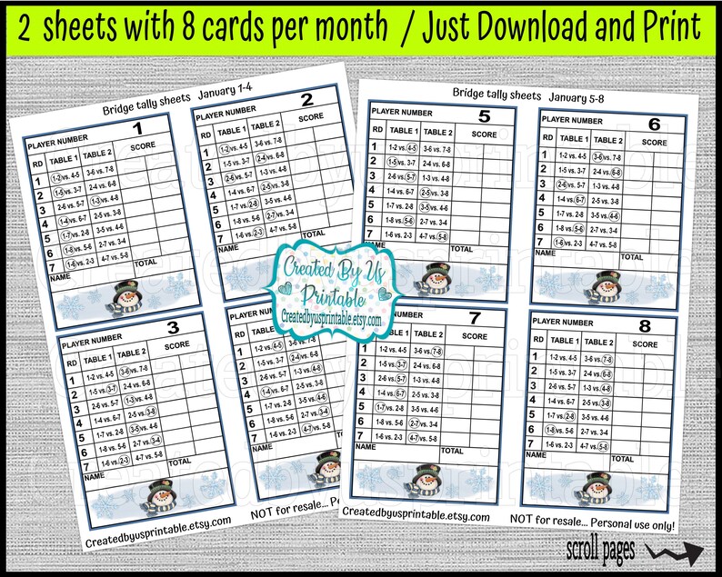 Bridge Tally Cards Bridge Tally Sheets Month Themed Bridge - Etsy