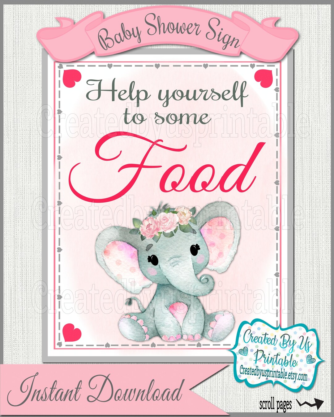 Baby Shower Food Sign Pink Floral Elephant Baby Girl Shower Food Sign ...