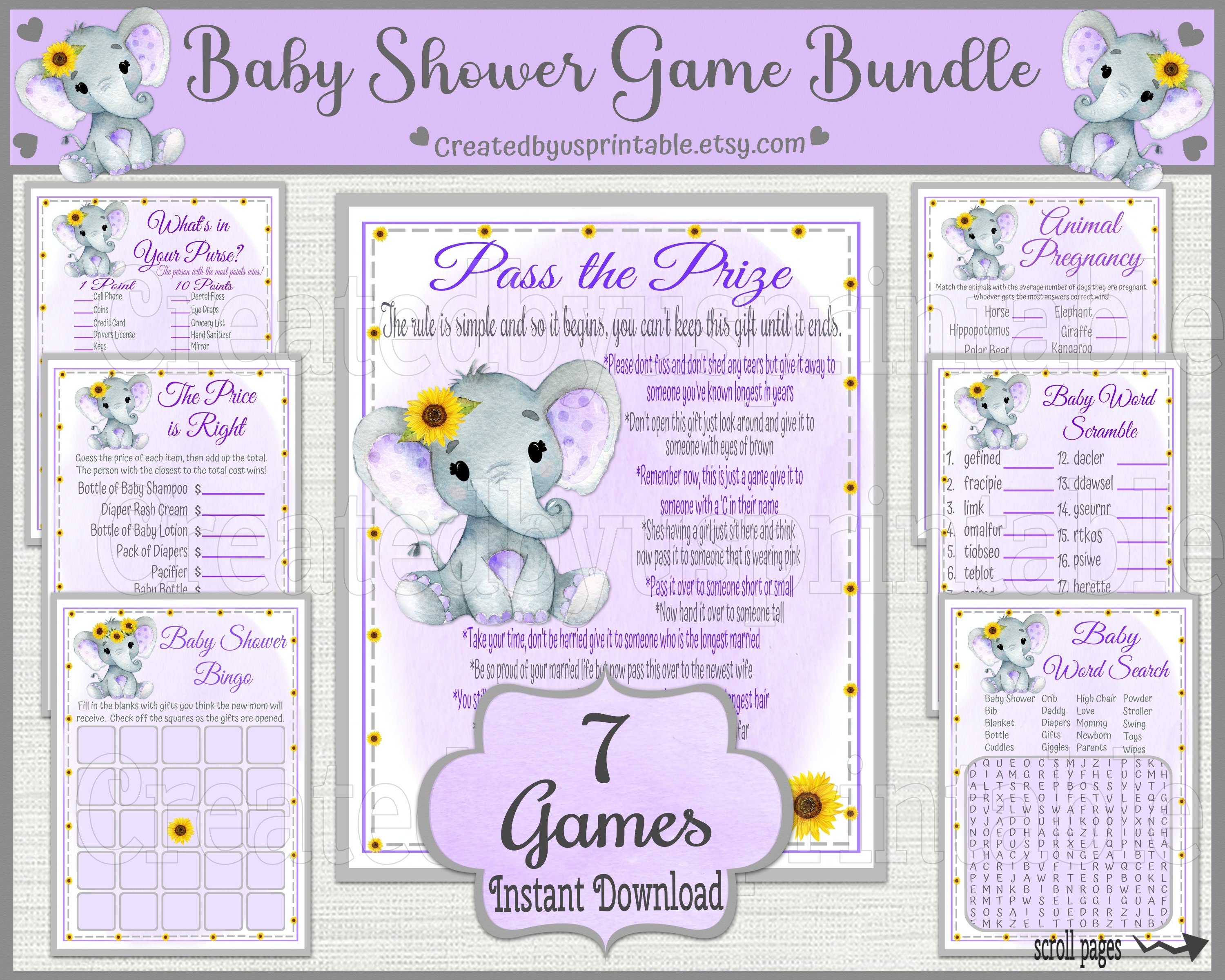 Elephant Baby Shower Games Printable Game Bundle Purple Sunflower ...