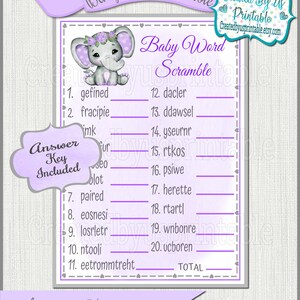 Elephant Baby Shower Game Girl Elephant Baby Word Scramble Game Purple ...