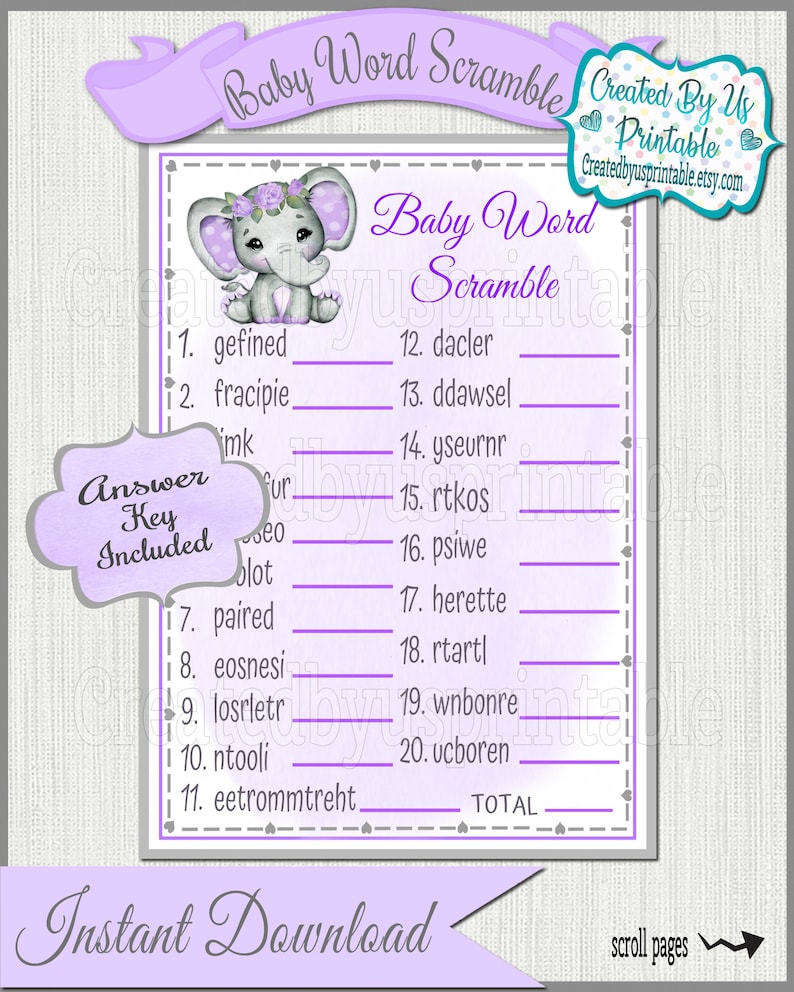 Elephant Baby Shower Game Girl Elephant Baby Word Scramble | Etsy