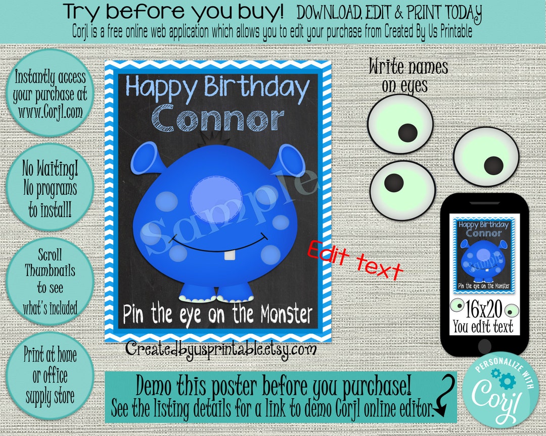 EDITABLE Pin the Eye on the Monster Game INSTANT DOWNLOAD Monster ...