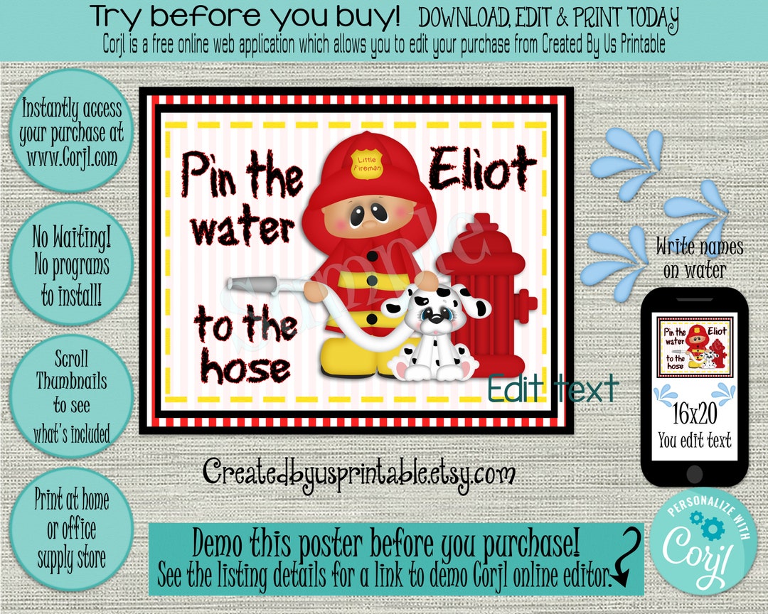EDITABLE Pin the Water on the Hose Game INSTANT DOWNLOAD Little Fireman ...