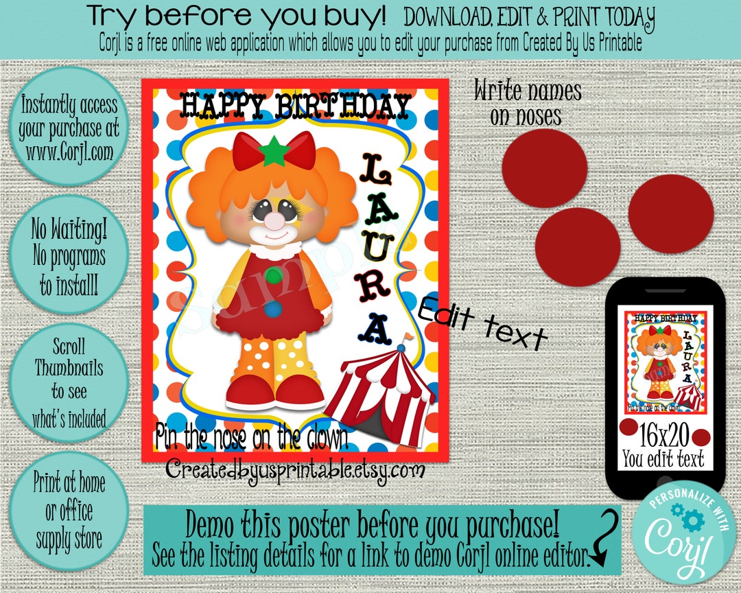 EDITABLE Pin the Nose on the Clown Game INSTANT DOWNLOAD Circus ...