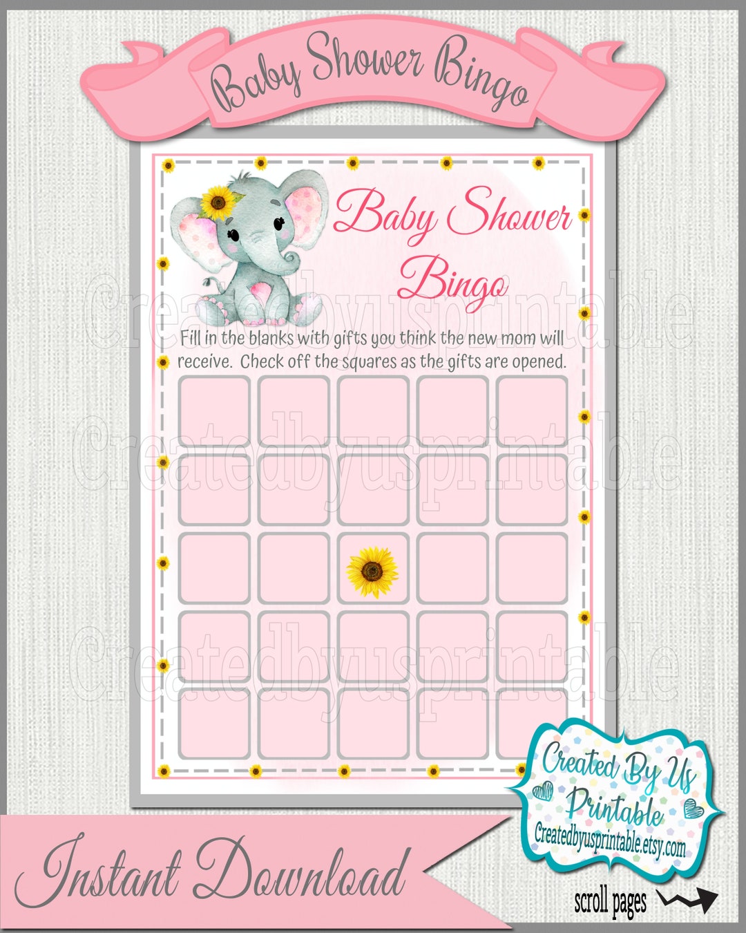Elephant Baby Shower Game Girl Elephant Bingo Game Cards Pink Sunflower ...