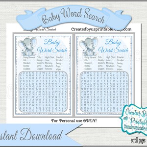Elephant Baby Shower Game Boy Elephant Word Search Game Cards Elephant ...