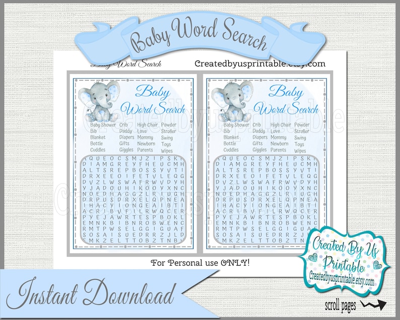 Elephant Baby Shower Game Boy Elephant Word Search Game Cards - Etsy