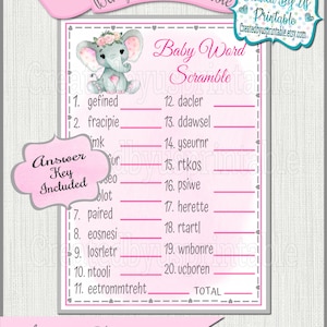 Elephant Baby Shower Game Girl Elephant Baby Word Scramble - Etsy