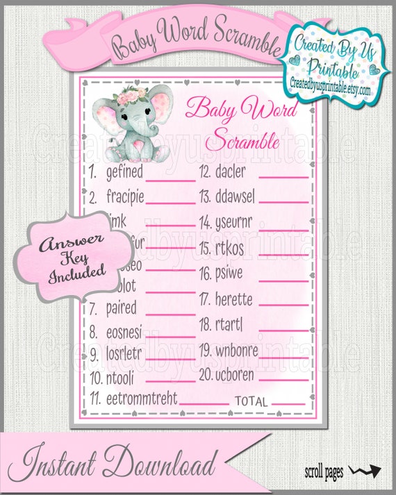 Elephant Baby Shower Game Girl Elephant Baby Word Scramble | Etsy