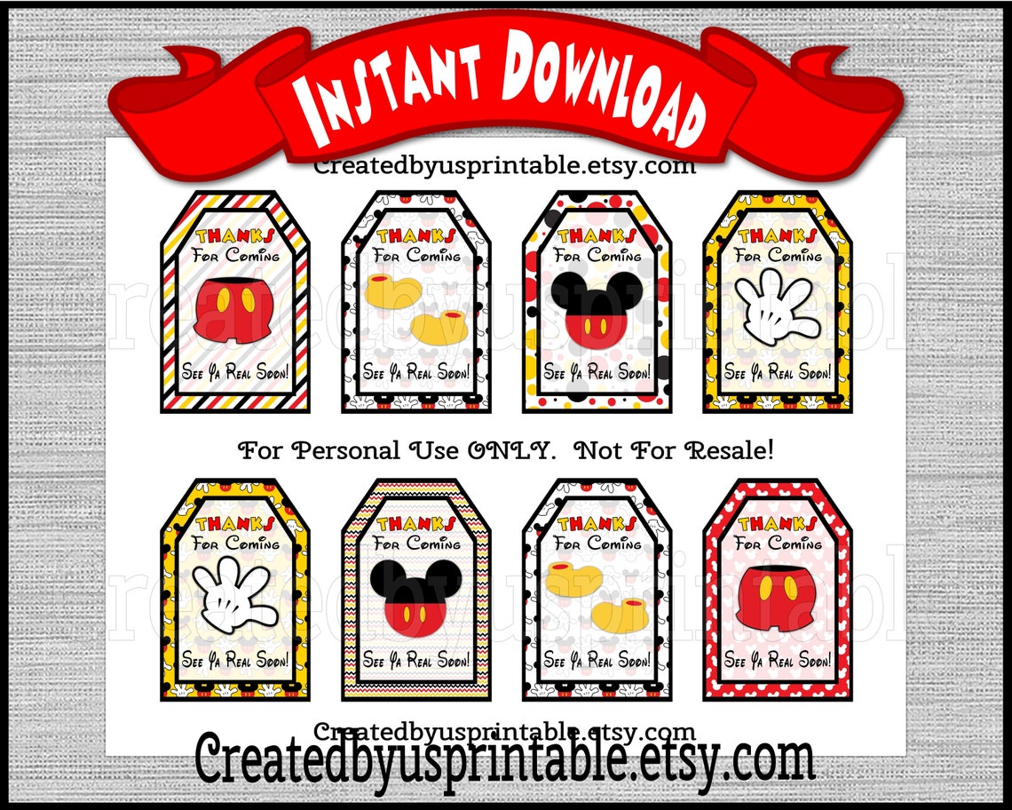 Mickey Mouse Thank You Tags Mickey Thank You Tags Mickey | Etsy