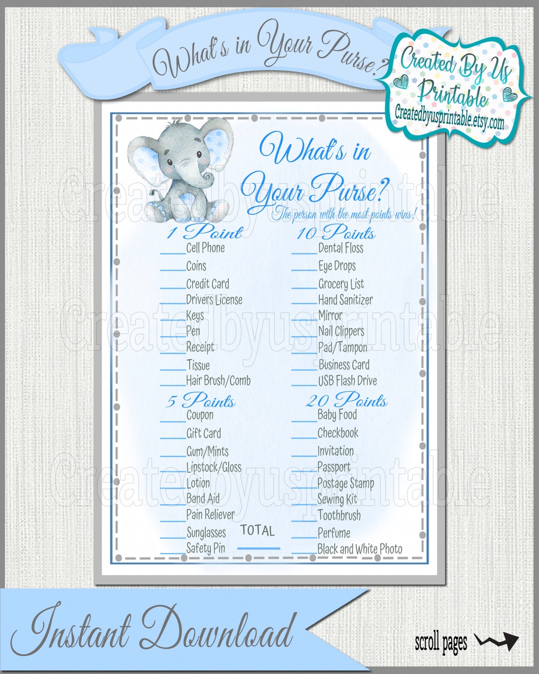 Elephant Baby Shower Game Boy Elephant What's in Your Purse Game Cards ...