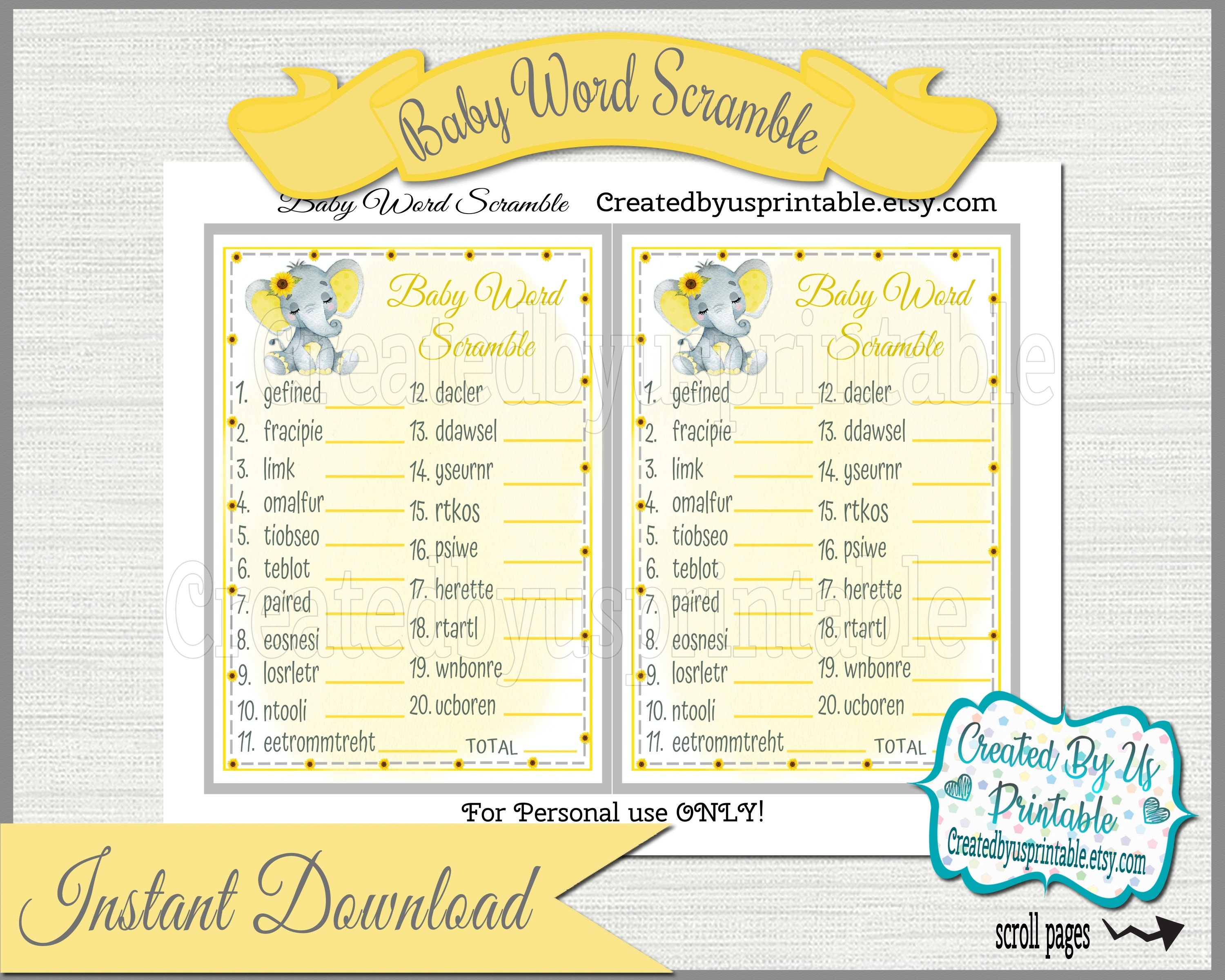 Elephant Baby Shower Game Girl Elephant Baby Word Scramble Game Yellow ...