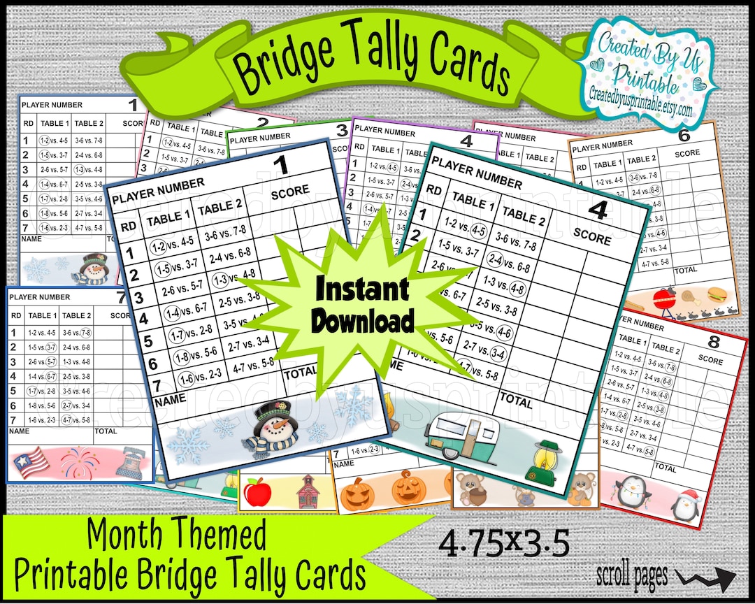 Bridge Tally Cards Bridge Tally Sheets Month Themed Bridge Game ...