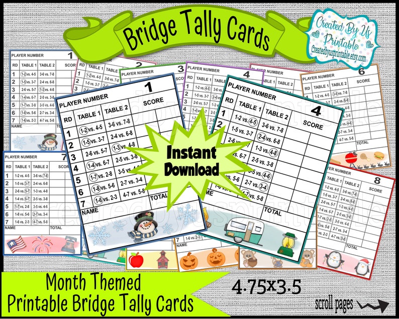 Bridge Tally Cards Bridge Tally Sheets Month Themed Bridge Game ...