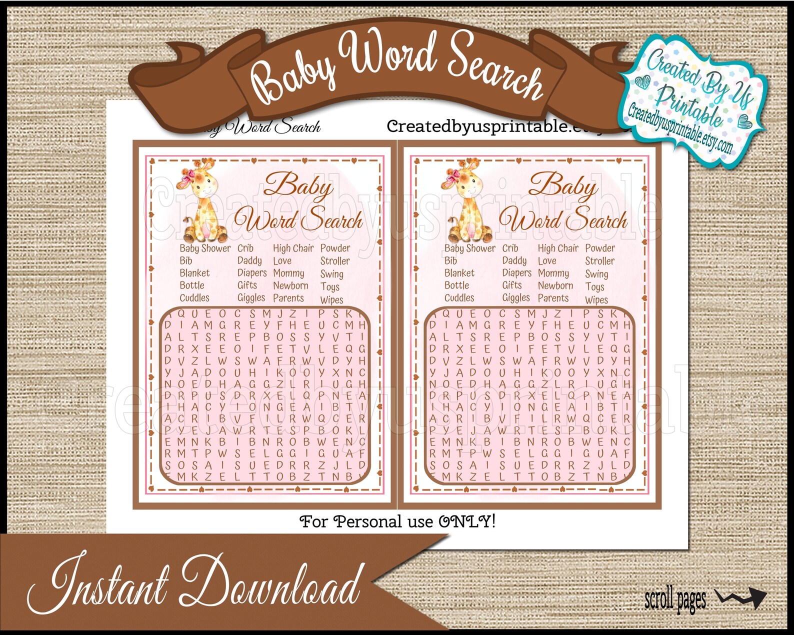 Giraffe Baby Shower Game Girl Giraffe Word Search Game Card - Etsy