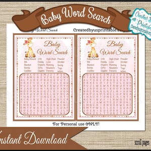 Giraffe Baby Shower Game Girl Giraffe Word Search Game Card Giraffe ...