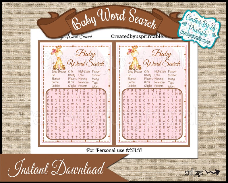 Giraffe Baby Shower Game Girl Giraffe Word Search Game Card | Etsy
