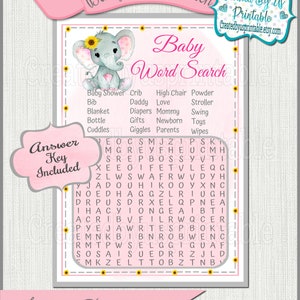 Elephant Baby Shower Game Girl Elephant Word Search Game Cards Pink ...