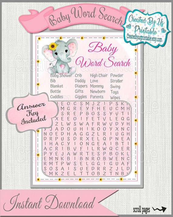 Baby Shower Word Scramble Pink Elephant Printable Baby Shower Games
