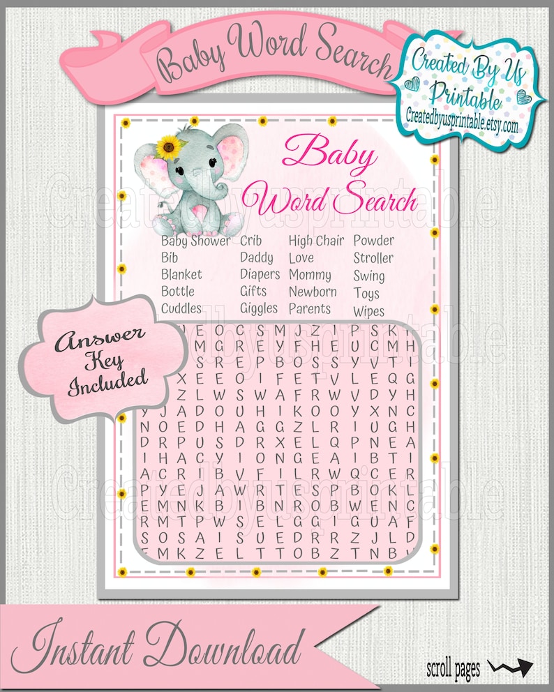 Elephant Baby Shower Game Girl Elephant Word Search Game Cards - Etsy ...