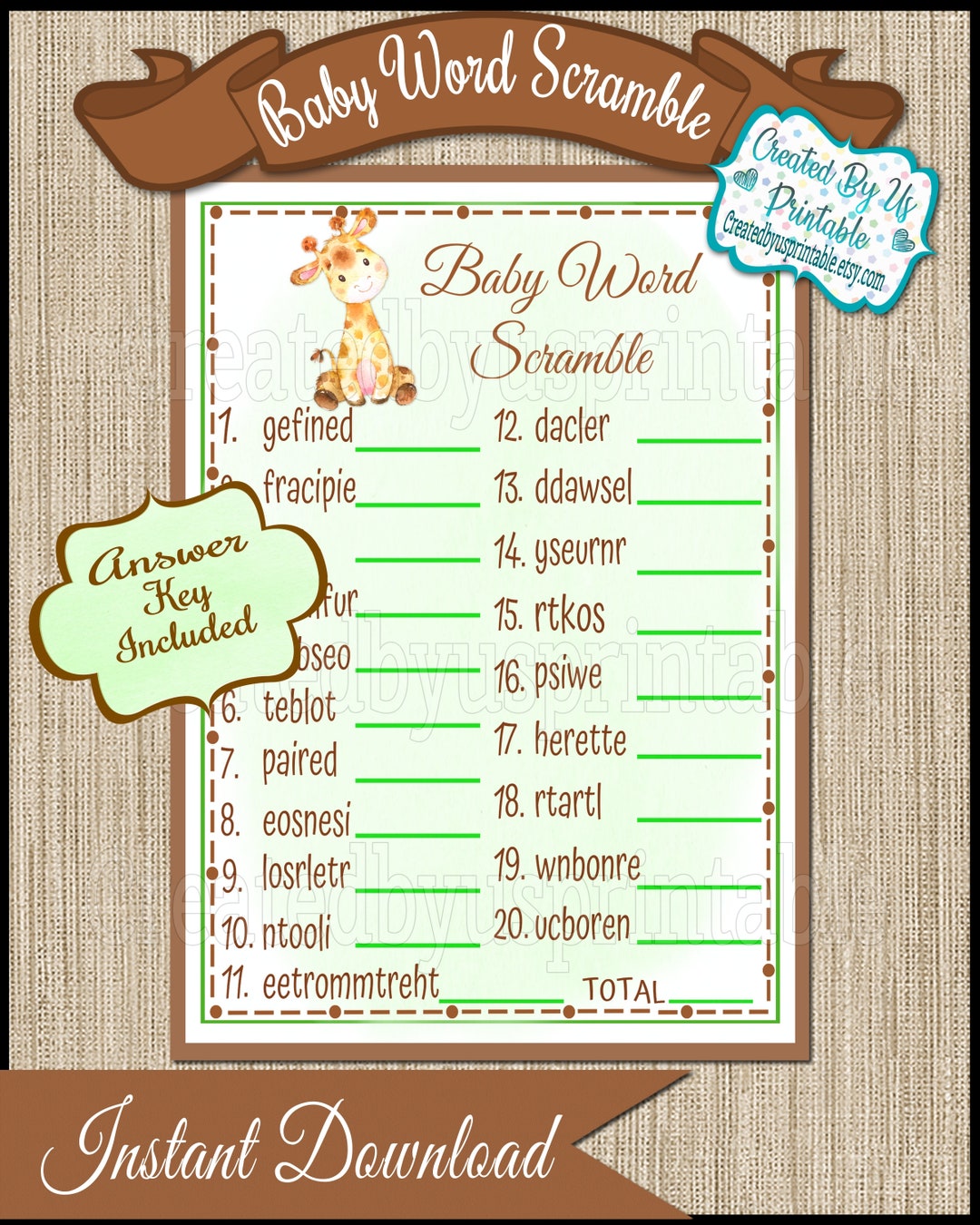 Giraffe Baby Shower Game Boy Giraffe Baby Word Scramble Game Card ...