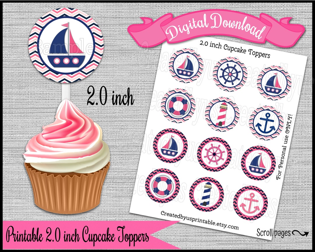 Nautical Cupcake Toppers Girl Nautical Birthday Party 2.0 Inch Cupcake ...