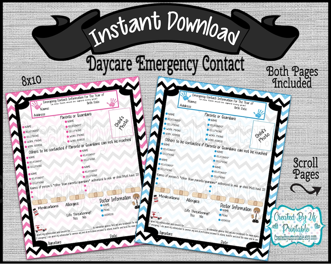 INSTANT DOWNLOAD Daycare Emergency Contact Form Child Care Provider ...