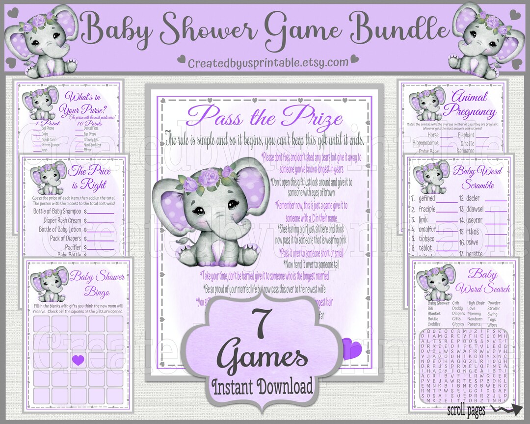 Elephant Baby Shower Games Printable Game Bundle Package Baby Elephant ...