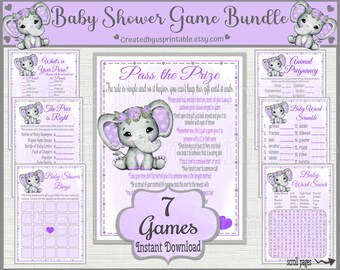 Elephant Baby Shower Games Printable Game Bundle Purple Elephant Girl ...