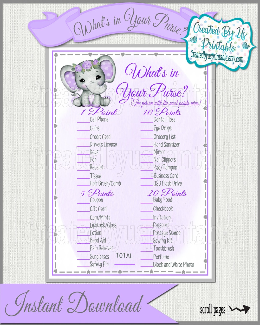 Elephant Baby Shower Game Girl Elephant What's in Your Purse Game ...