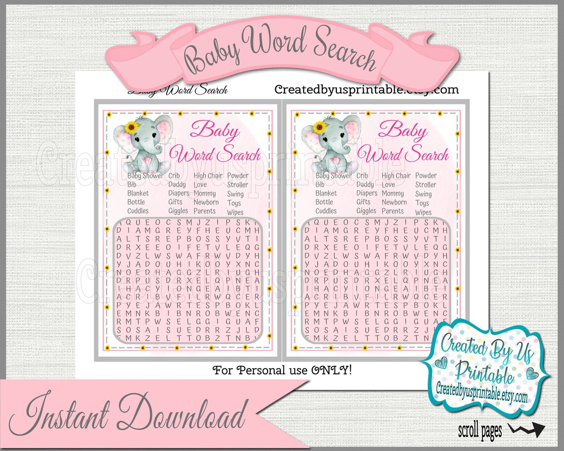 Elephant Baby Shower Game Girl Elephant Word Search Game Cards Pink ...