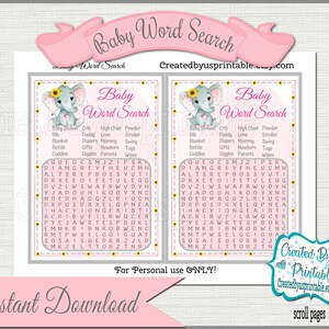 Elephant Baby Shower Game Girl Elephant Word Search Game Cards Pink ...