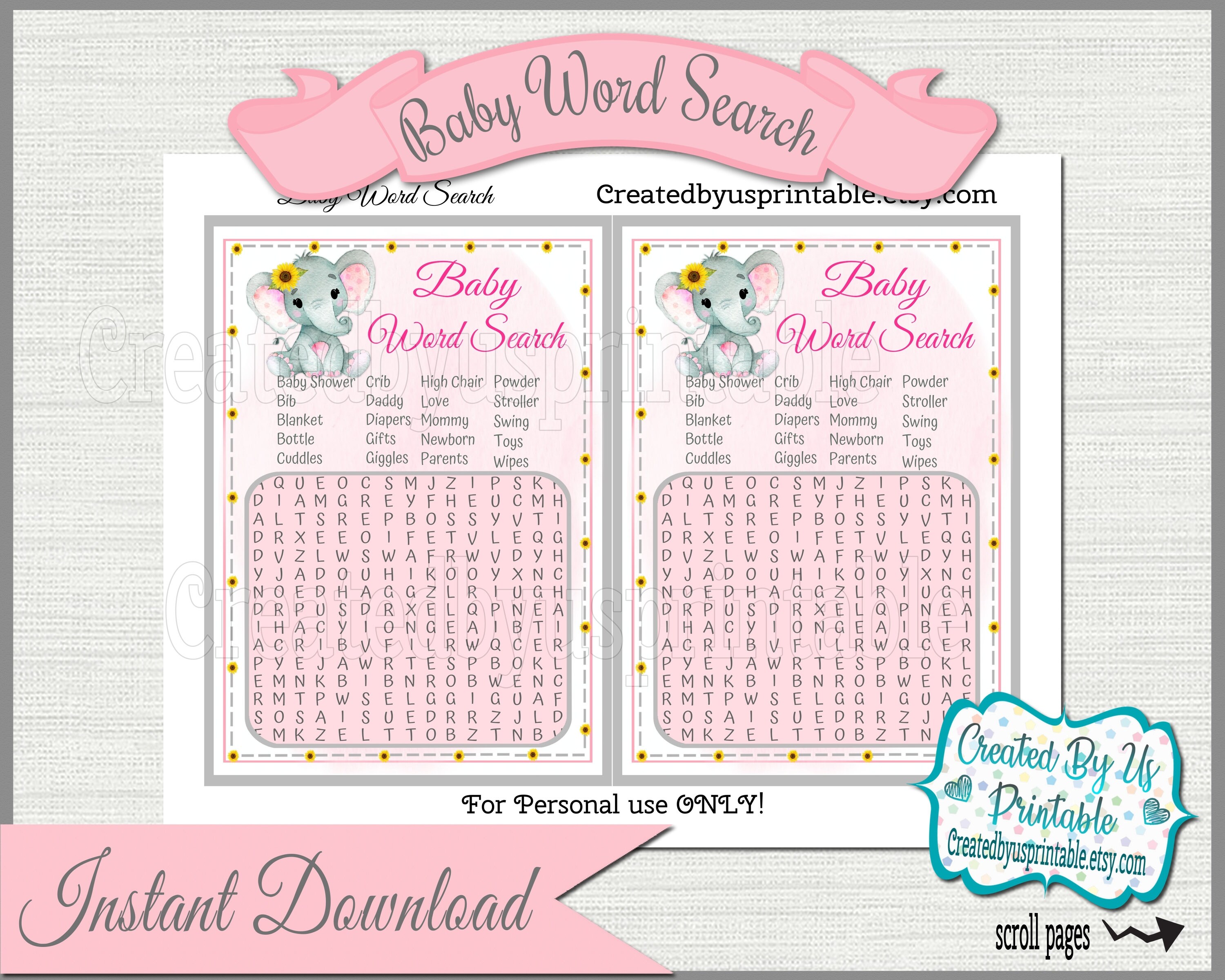 Elephant Baby Shower Game Girl Elephant Word Search Game Cards - Etsy ...