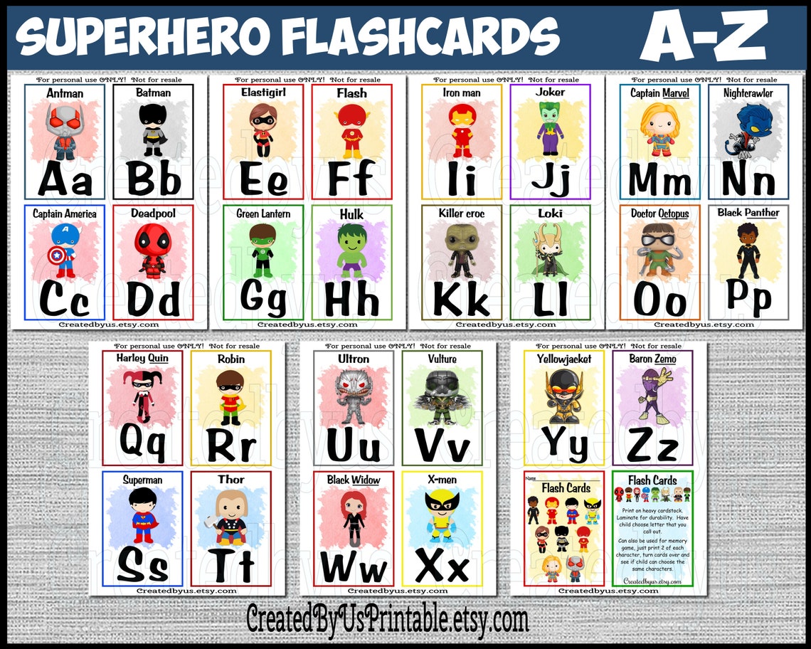 Superhero Printable Alphabet Flashcards ABC Superhero Memory - Etsy