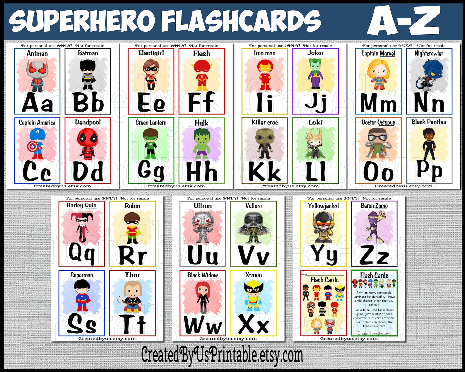 Superhero printable alphabet Flashcards ABC Superhero memory | Etsy