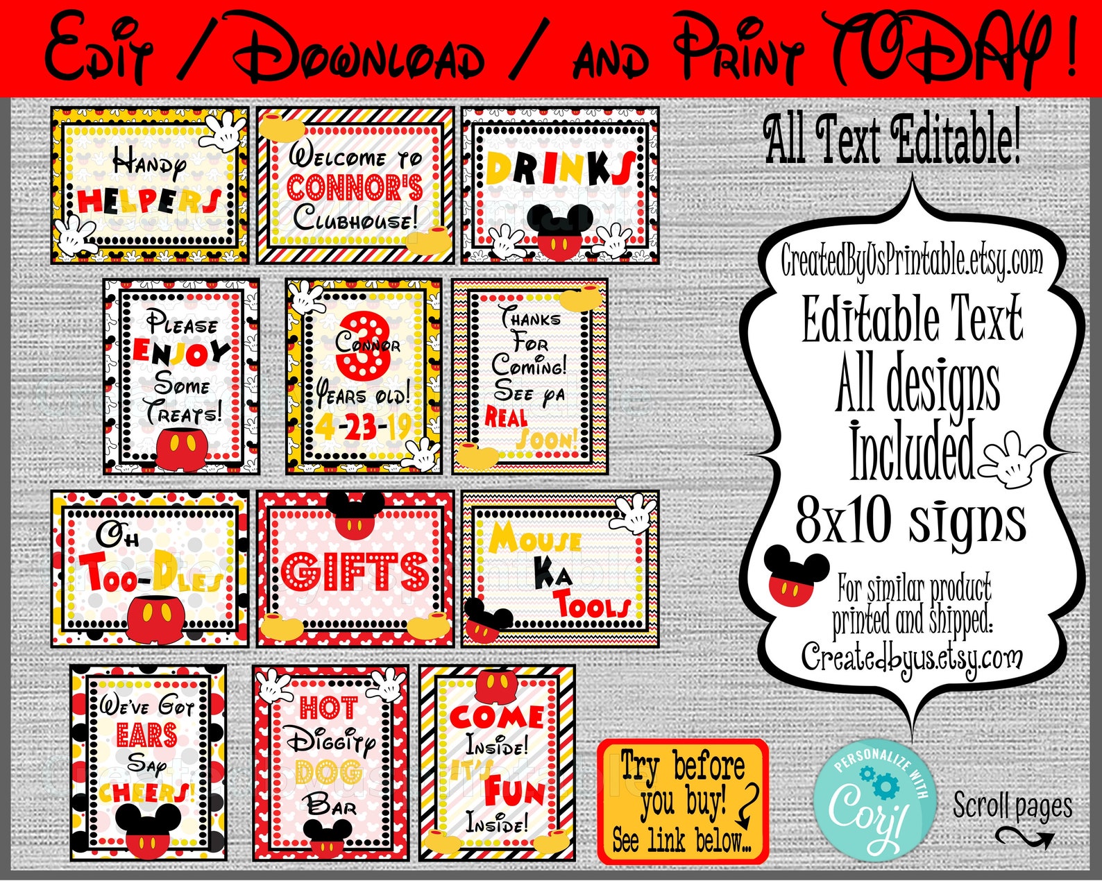 INSTANT DOWNLOAD Mickey Signs EDITABLE Mouse Signs Mickey - Etsy