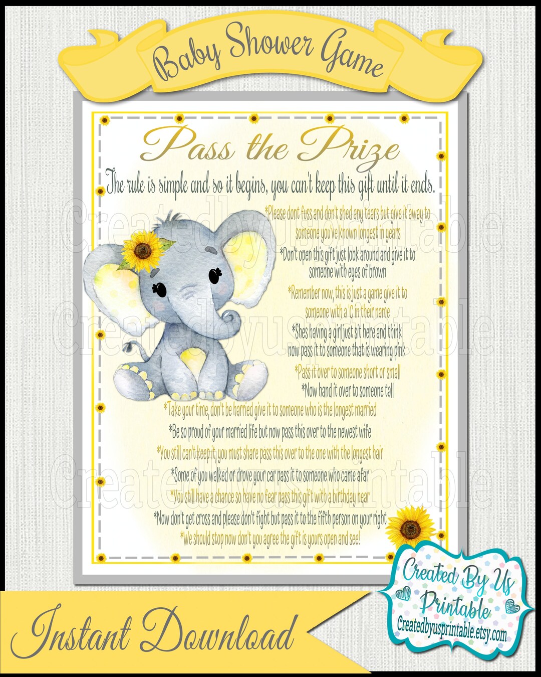 Elephant Pass the Prize Baby Shower Game Rhyme Game Sunflower Elephant ...