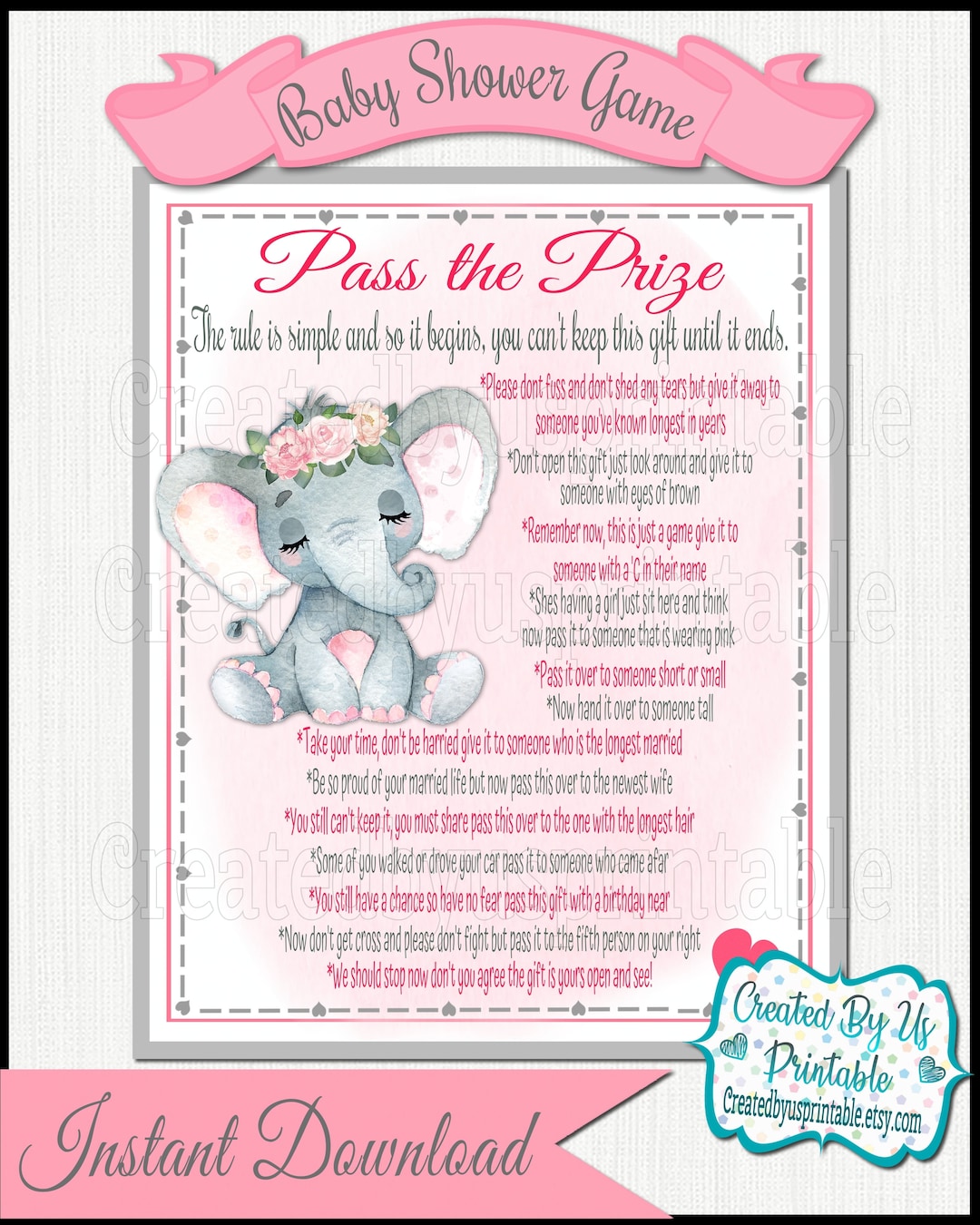 Elephant Pass the Prize Baby Shower Game Sleeping Elephant Baby Girl ...