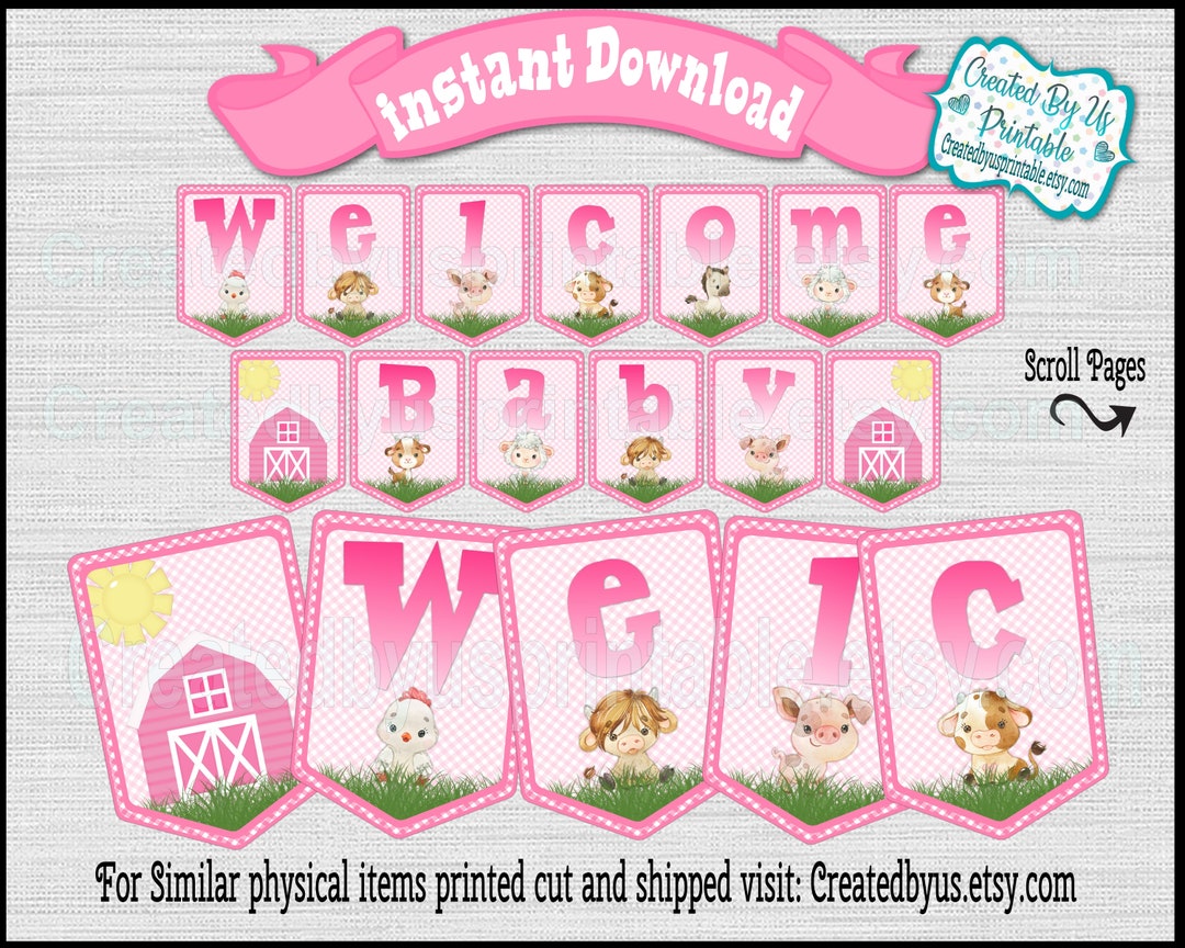 INSTANT DOWNLOAD Pink Farm Welcome Baby Banner Girl Farm Animals Baby ...