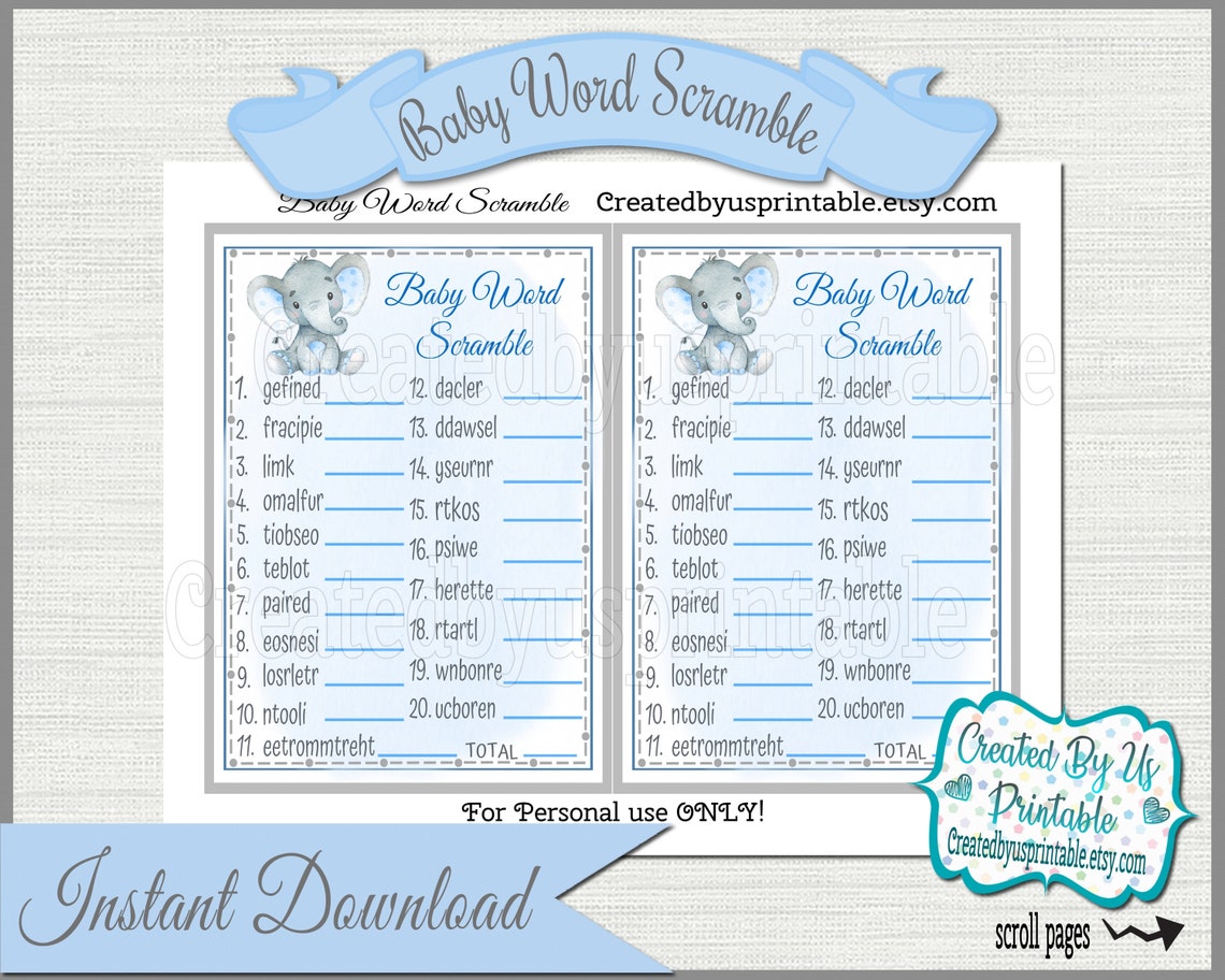 Elephant Baby Shower Game Boy Elephant Baby Word Scramble Game Cards ...