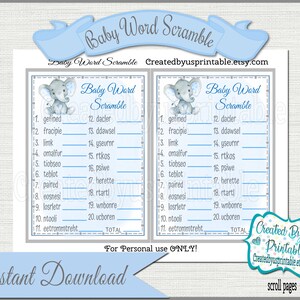 Elephant Baby Shower Game Boy Elephant Baby Word Scramble Game Cards ...