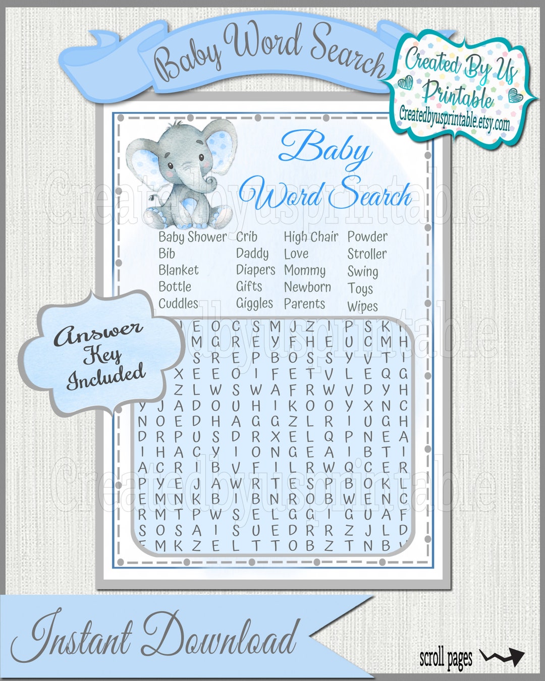 Elephant Baby Shower Game Boy Elephant Word Search Game Cards Elephant ...