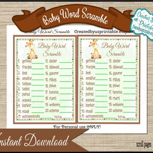 Giraffe Baby Shower Game Boy Giraffe Baby Word Scramble Game Card ...