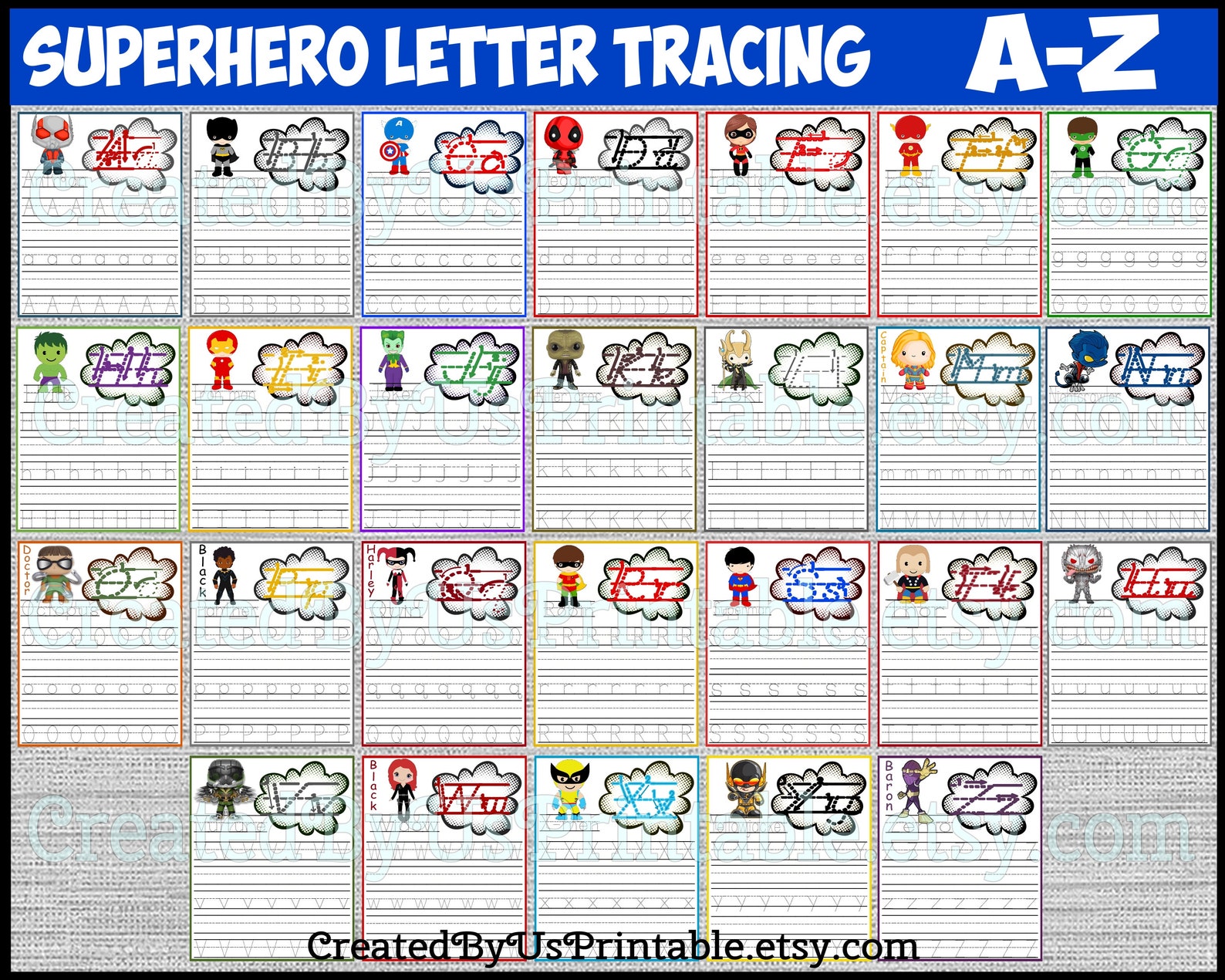26 Alphabet Superhero Phonics Superhero A-Z Trace Worksheet - Etsy