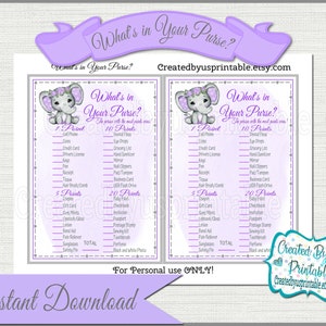 Elephant Baby Shower Game Girl Elephant What's in Your Purse Game ...